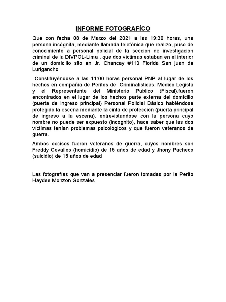 Informe - Fotografico - Fotografia Forense HAYDEE | PDF