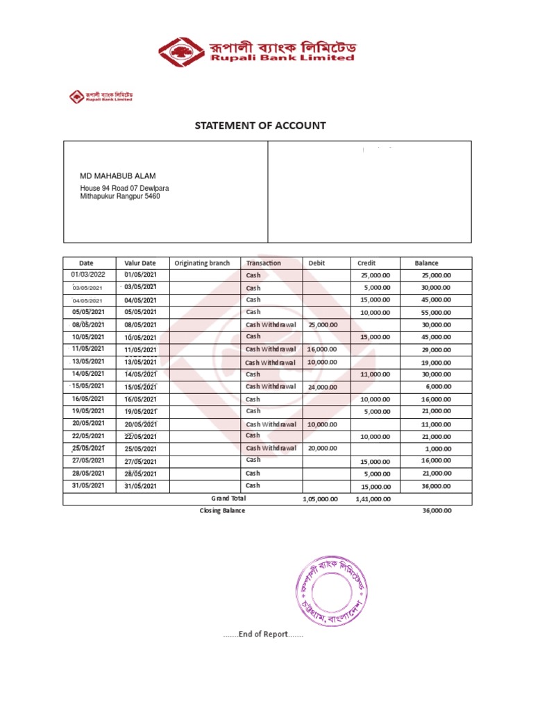 Rupali Bank Statement | PDF | Business Economics | Money