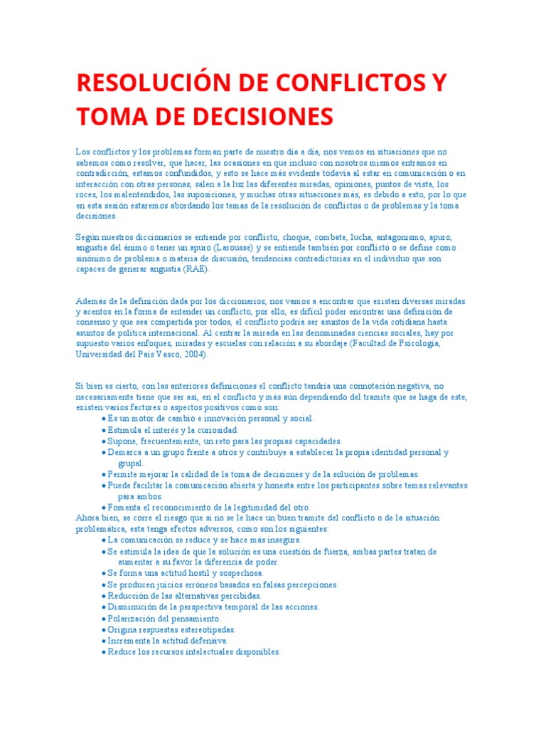 Resolución de Conflictos y Toma de Decisiones | PDF | Conflicto ...