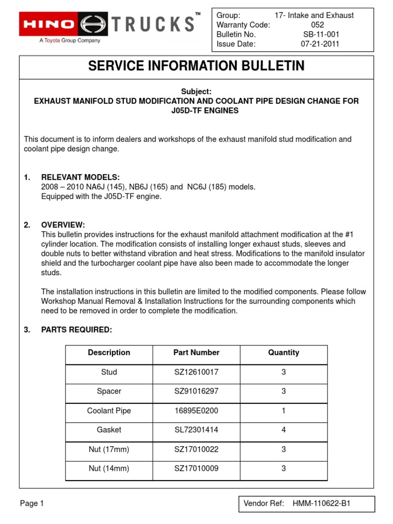 SB-11-001 Exhaust Manifold Stud Modification. J05 Engines | PDF ...
