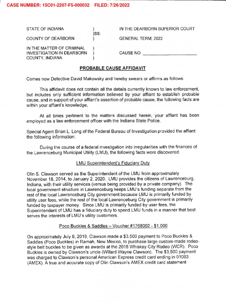 Olin Clawson Probable Cause Affidavit | PDF | Receipt | Affidavit