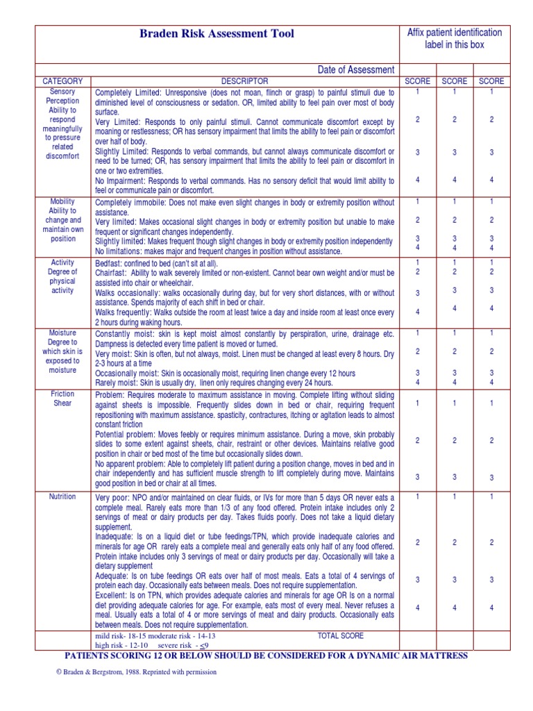 Braden Risk Assessment Tool: Category Descriptor Score Score Score ...