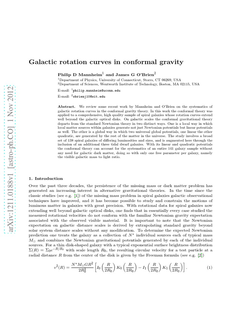 Mannheim And Obrien 2013 Galactic Rotation Curves In Conformal Gravity Pdf Dark Matter
