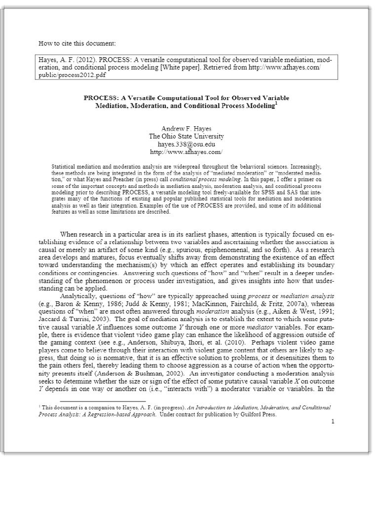 PROCESS - A Versatile Computational Tool For Observed Variable Mediation, Moderation, and ...