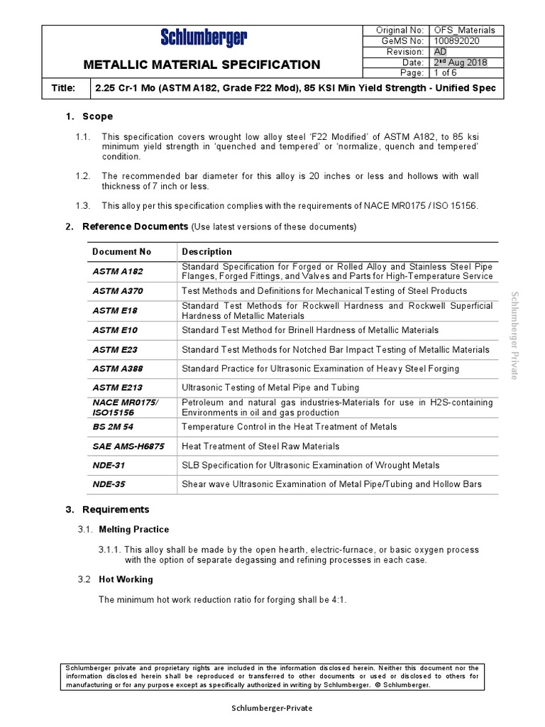 Metallic Material Specification: Title: 2.25 Cr-1 Mo (ASTM A182, Grade ...