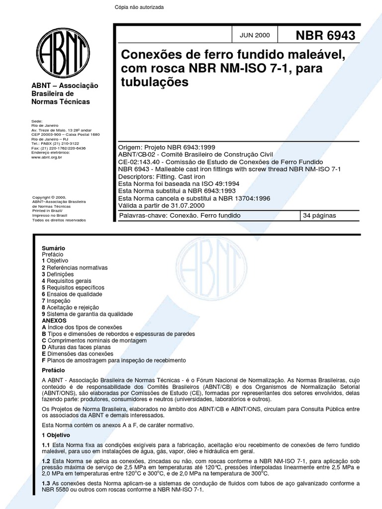 NBR 6943 PB 110 - Conexoes de Ferro Fundido Maleavel Com Rosca NBR Nm-Iso 7-1 para Tubulacoes ...
