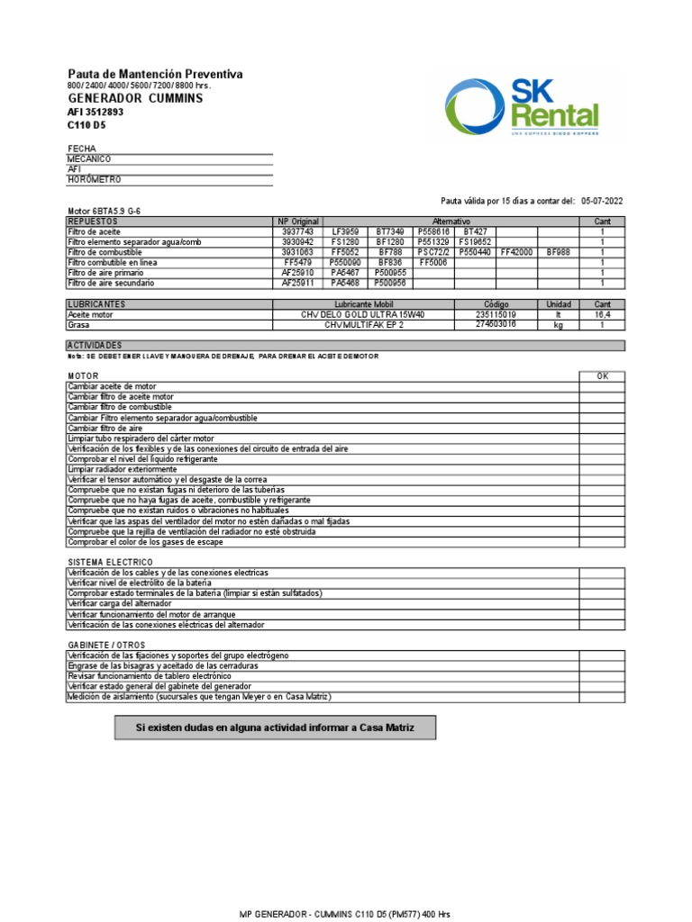 Pauta de Mantención Preventiva Generador Cummins: AFI 3512893 C110 D5 ...