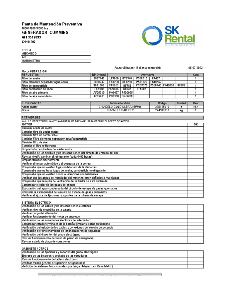 Pauta de Mantención Preventiva Generador Cummins: AFI 3512893 C110 D5 ...