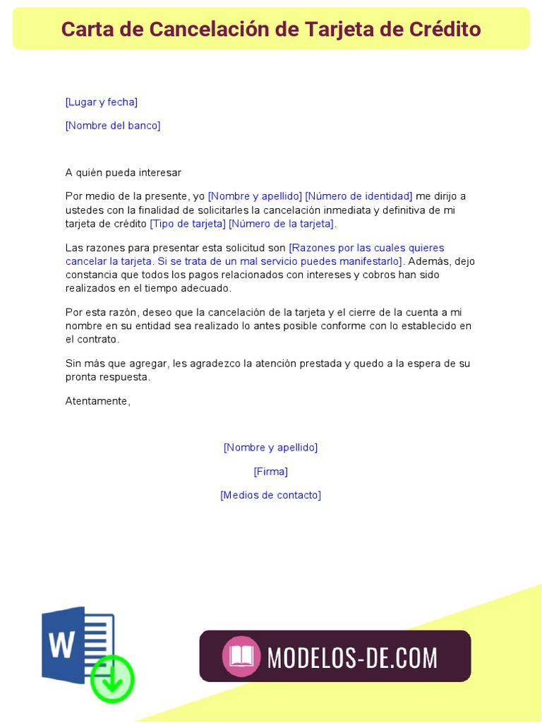 Modelo Carta Cancelación De Tarjeta De Crédito Pdf