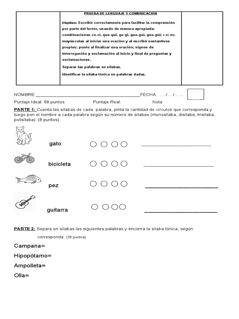 Prueba Silabas y Signos Puntuacion | PDF | Puntuación | Ciencia cognitiva