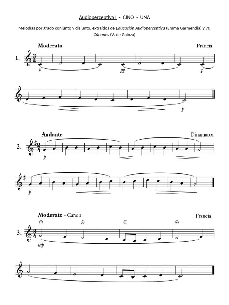 Melodías para Lectura A Primera Vista. Primera Clase. Audioperceptiva I CINO | PDF
