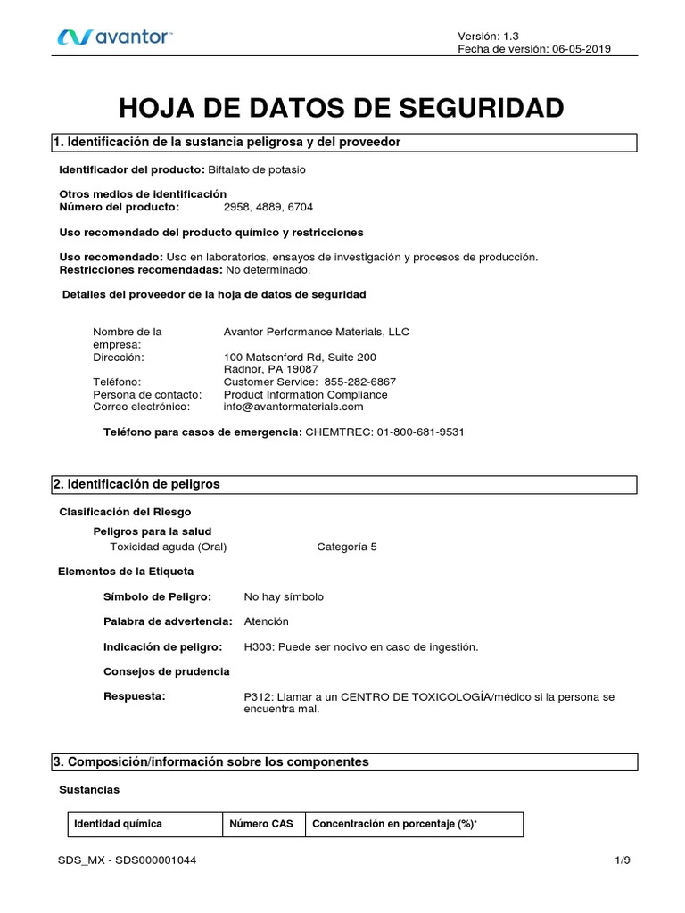Biftalato de Potasio MSDS | PDF | Ciencias fisicas | Química