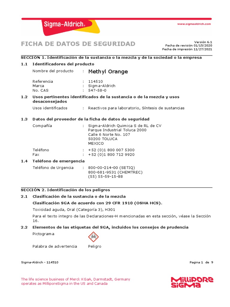 Methyl Orange MSDS | PDF | Agua | Higiene Ocupacional