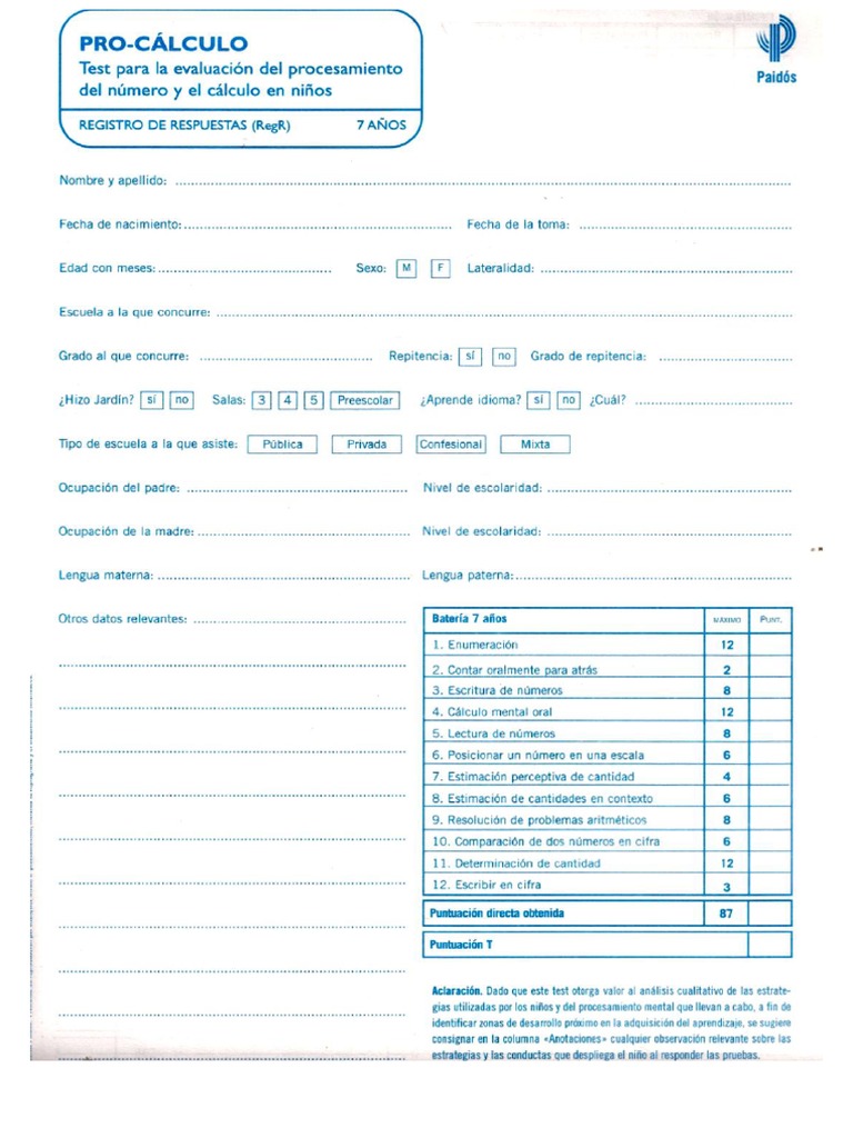Protocolo 7 Años Pro - Calculo | PDF