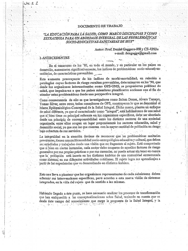 Daniel Gaggero (1) - Educación para La Salud Como Marco Disciplinar | PDF Daniel Gaggero (1) - Educación para La Salud Como Marco Disciplinar | PDF
