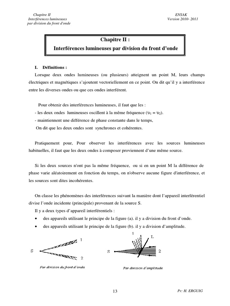 Interférences lumineuses par front d'onde | PDF | Lumière | Raie spectrale