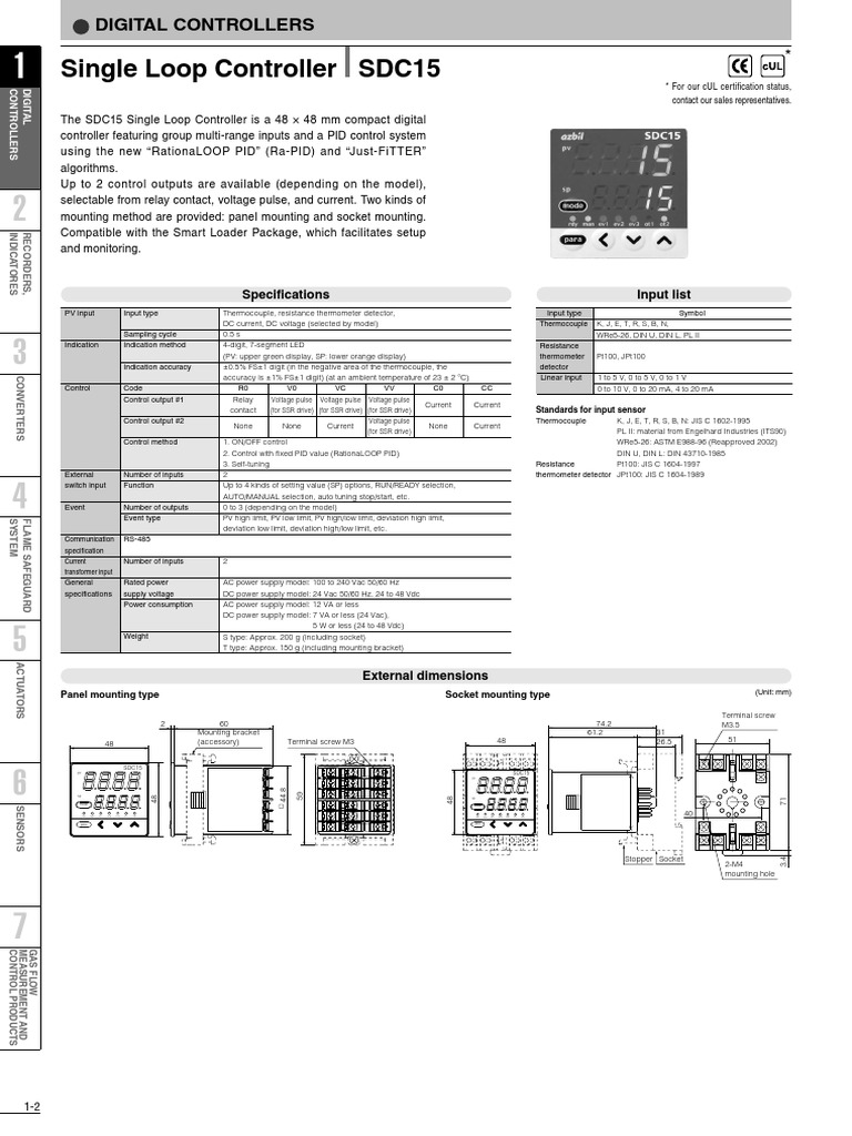 Single Loop Controller SDC15: Specifications Input List | PDF | Power Supply | Thermocouple