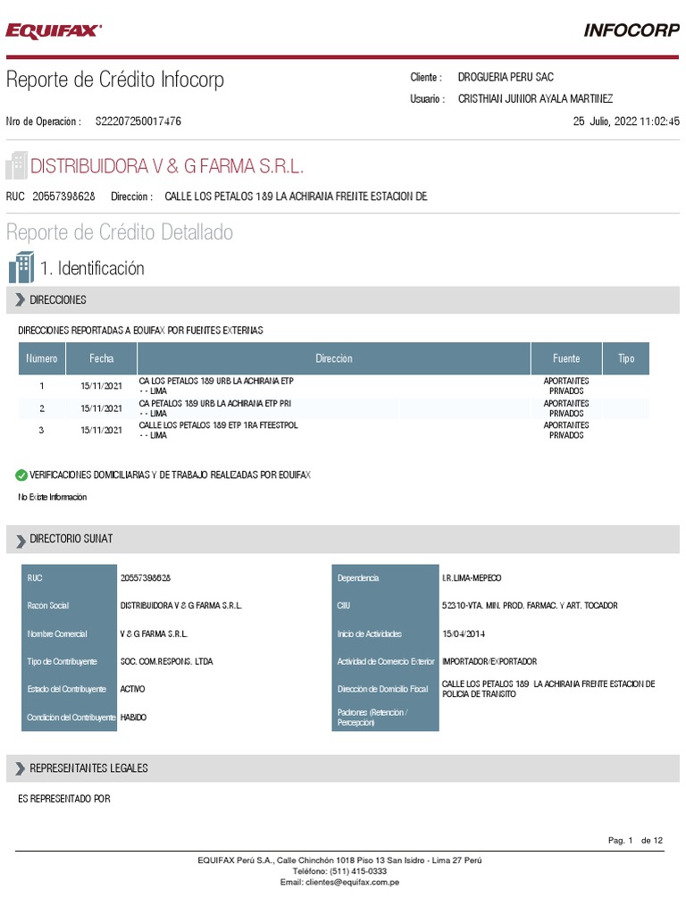 DISTRIBUIDORA V & G FARMA S.R.L. - Reporte-Equifax | PDF | Crédito | Finanzas y dinero