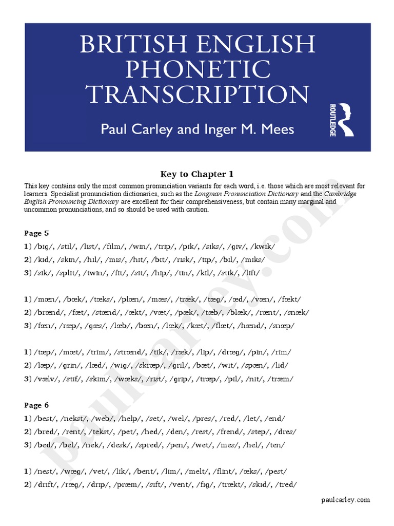 Paul Carley British English Phonetic Transcription Key To Chapter 1 | PDF