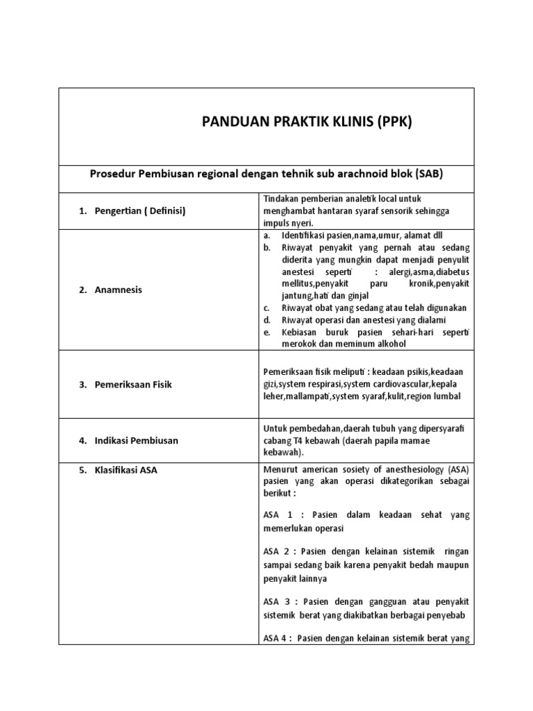GUIDELINES FOR REGIONAL ANESTHESIA PROCEDURES USING SUBArachnoid BLOCK ...