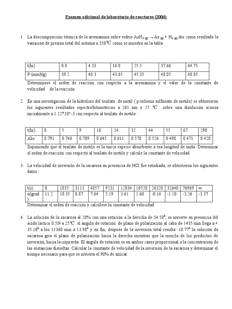 Examenes de Labo de Reactores | PDF | Cinética química | Concentración