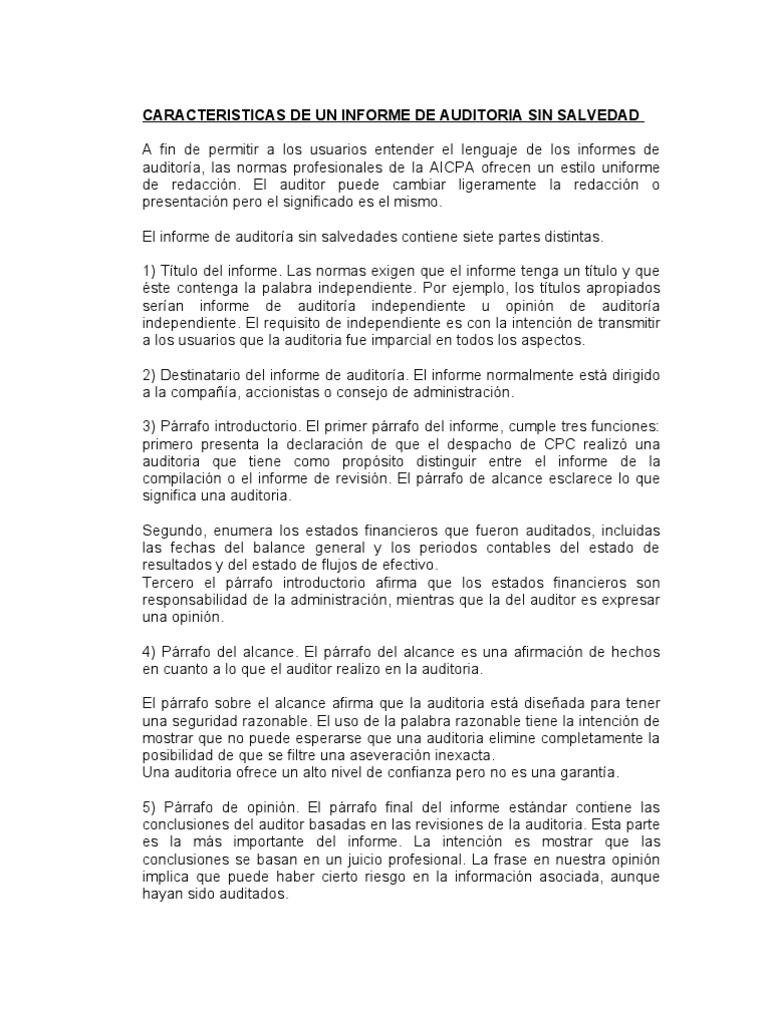 Caracteristicas de Un Informe de Auditoria Sin Salvedad | PDF | Auditoría | Contralor