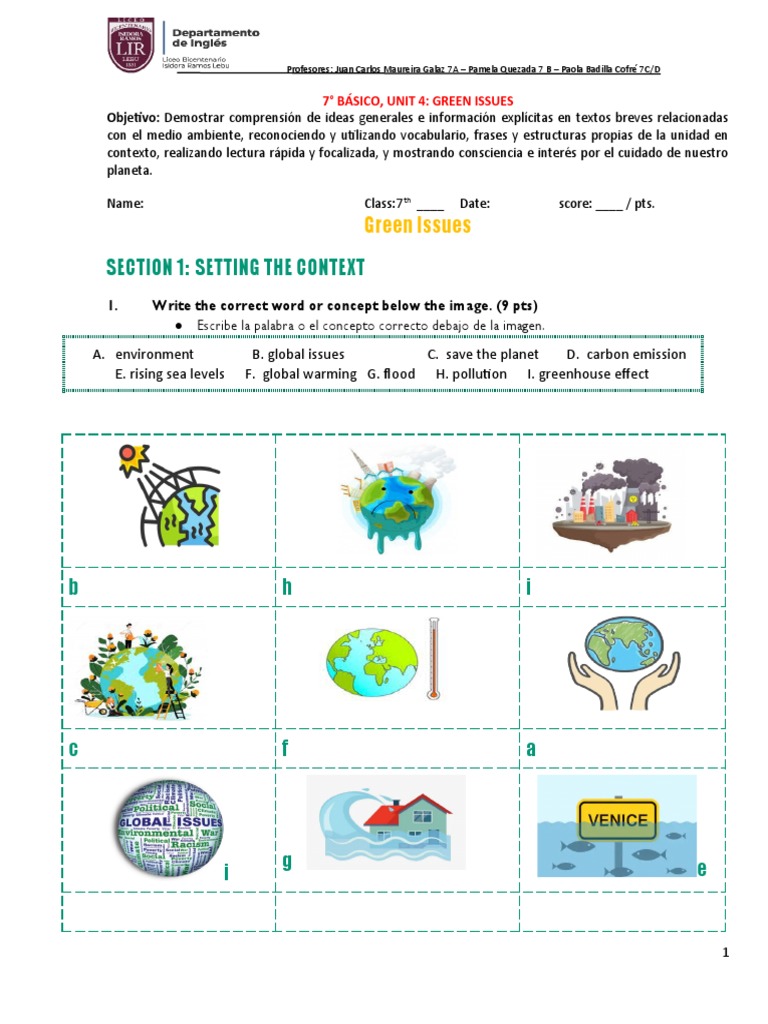 EDITING Inglés 7° - Unit 4 Green Issues - Worksheet 1 | PDF | Pollution ...