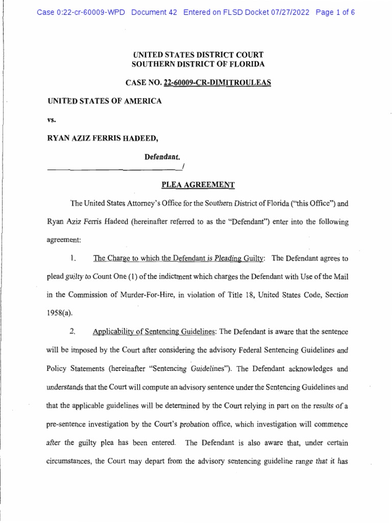 Plea Agreement in Murder-For-Hire Case | PDF | United States Federal ...