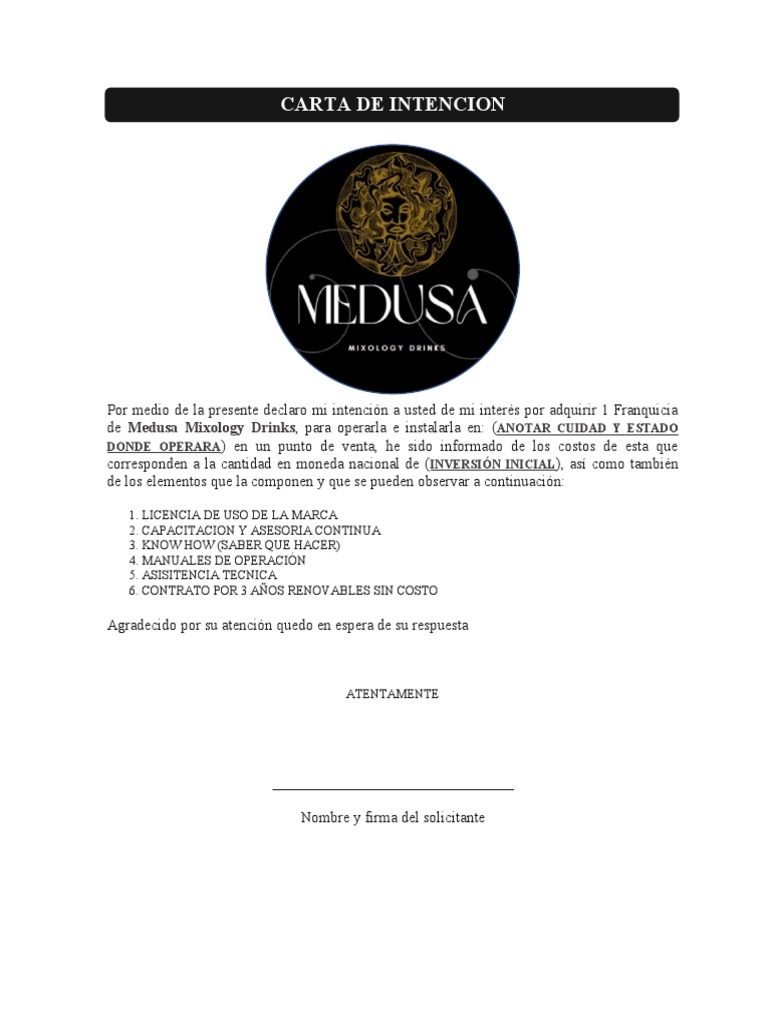 Carta de Intencion | PDF | Franquiciamiento
