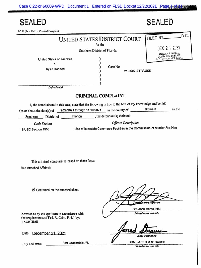 Criminal Complaint Of Murder For Hire Plot Against Ryan Hadeed Dec 21