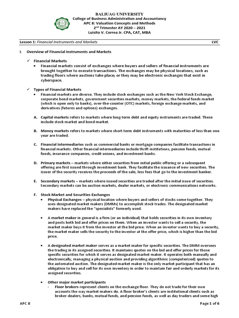 Lesson 1-Overview of Financial Instruments and Markets | PDF | Bonds ...