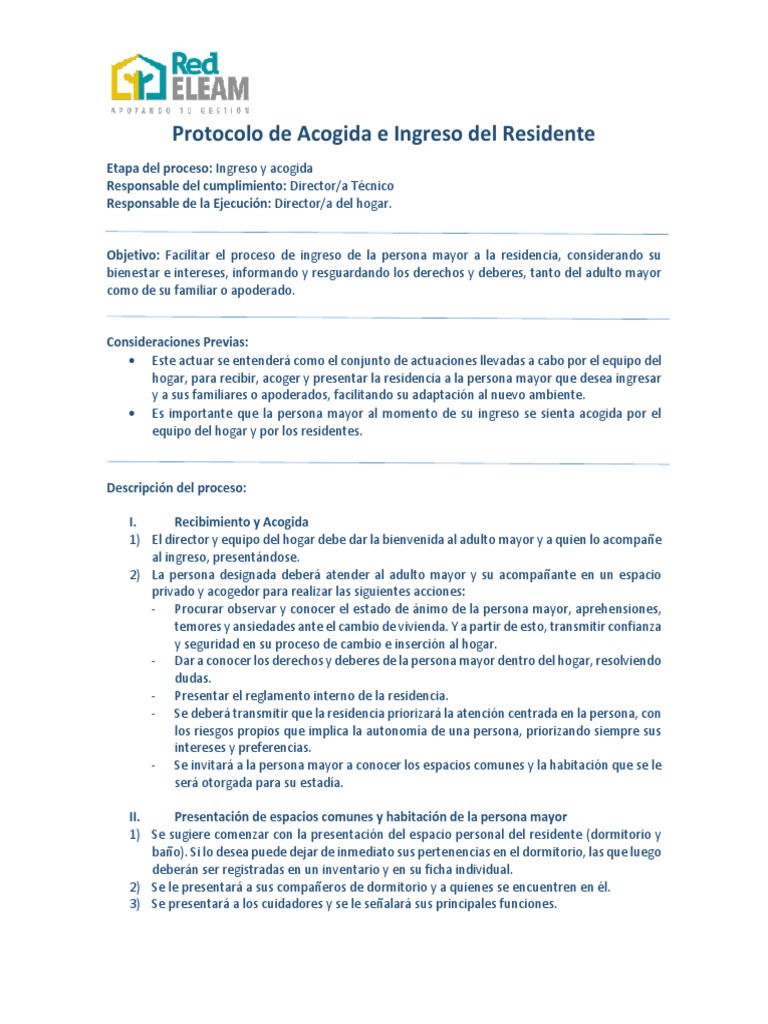 Protocolo de Acogida e Ingreso Del Residente | PDF | Adultos