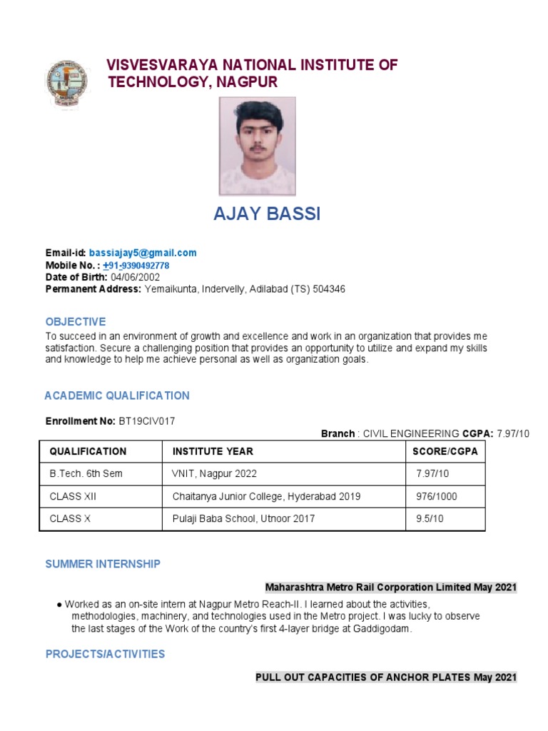 Ajay Bassi: Visvesvaraya National Institute of Technology, Nagpur | PDF ...