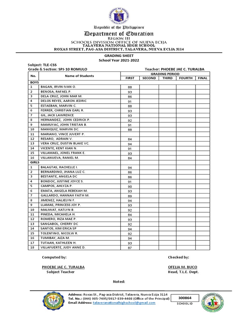 Subject: TLE-CSS Grade & Section: SPJ-10 ROMULO Teacher: Phoebe Jae C ...