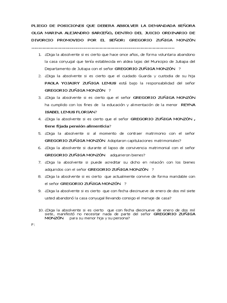Plica de Posiciones Ordinario Divorcio | PDF