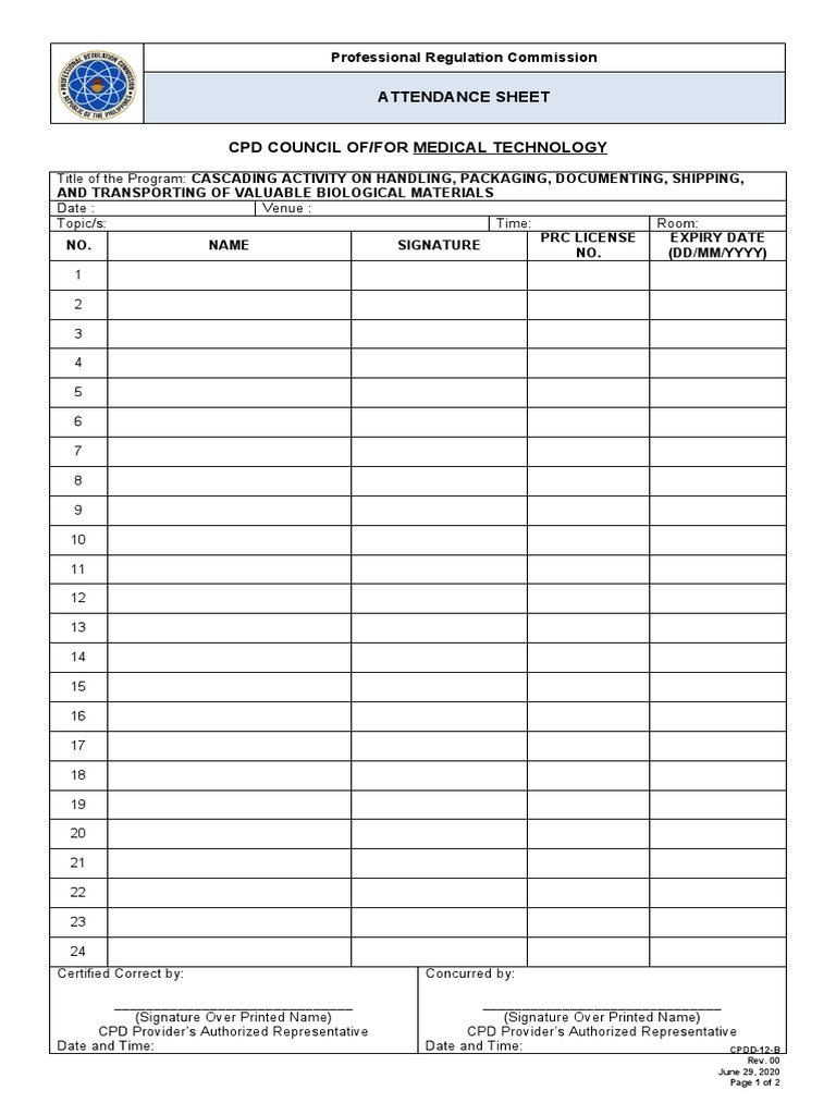 Attendance Sheet CPD Council Of/For Medical Technology | PDF