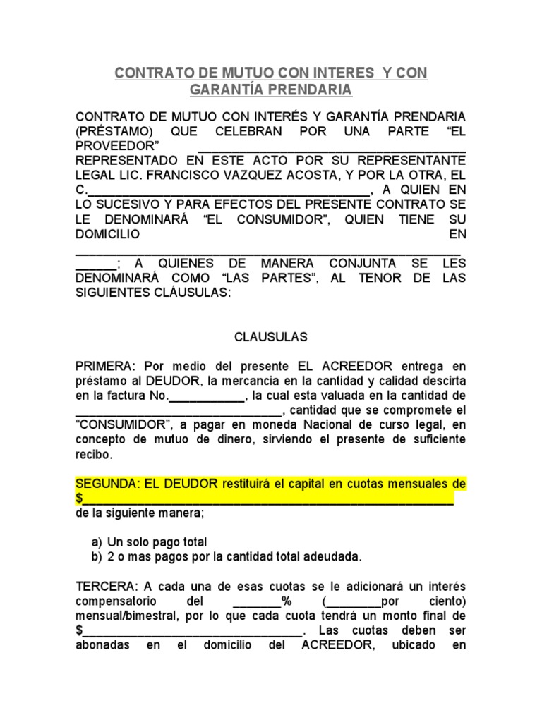 Contrato de Mutuo Con Interes y Con Garantía Prendaria | PDF | Pagos ...