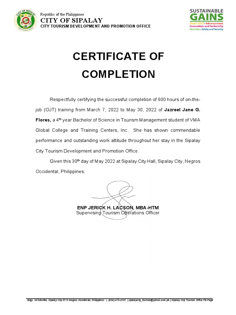 OJT Completion Certificate for Tourism | PDF | Career & Growth