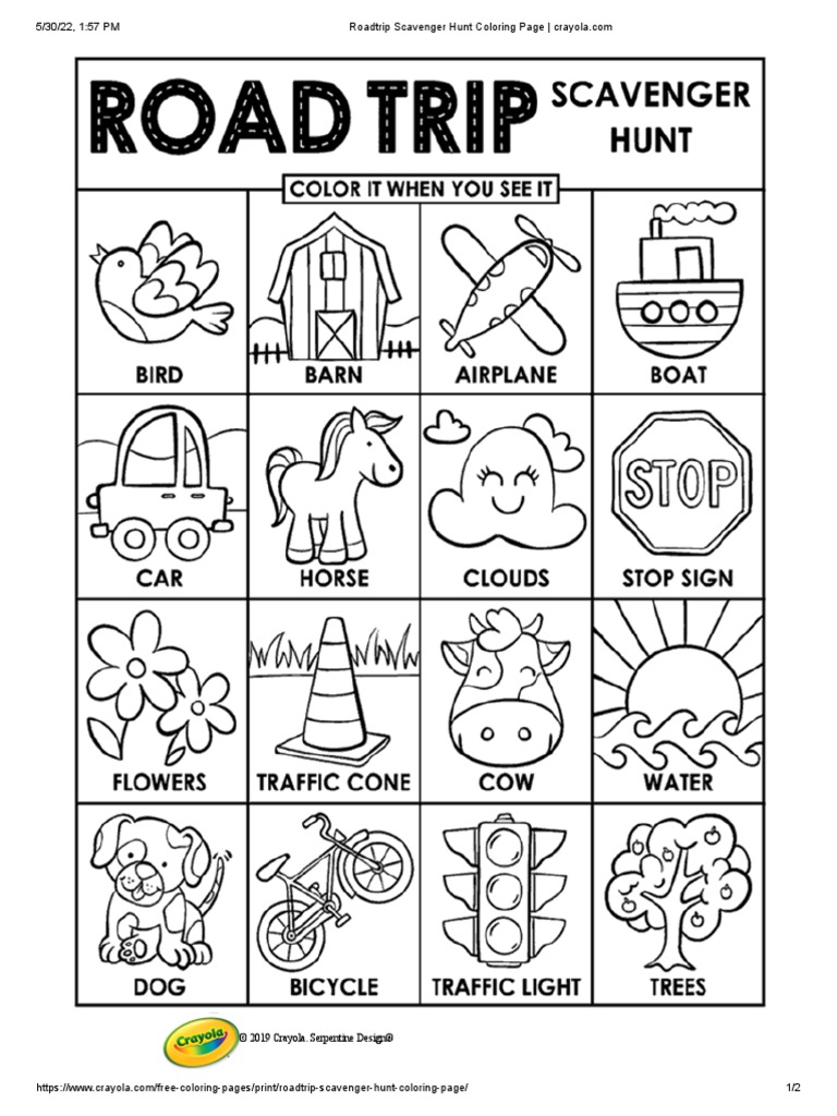 Roadtrip Scavenger Hunt Coloring | PDF