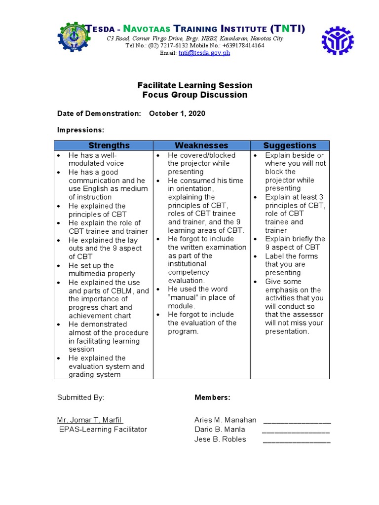 T I (T TI) : Facilitate Learning Session Focus Group Discussion | PDF | Educational Technology ...