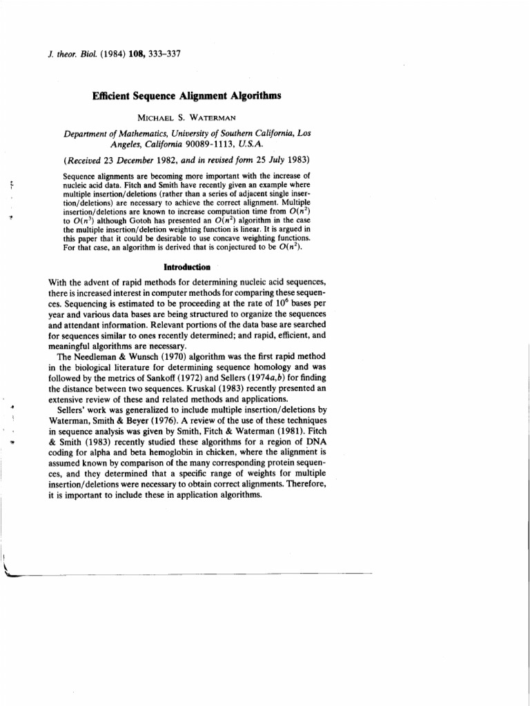Waterman - 1984 - Efficient Sequence Alignment Algorithms | PDF ... Waterman - 1984 - Efficient Sequence Alignment Algorithms | PDF ...