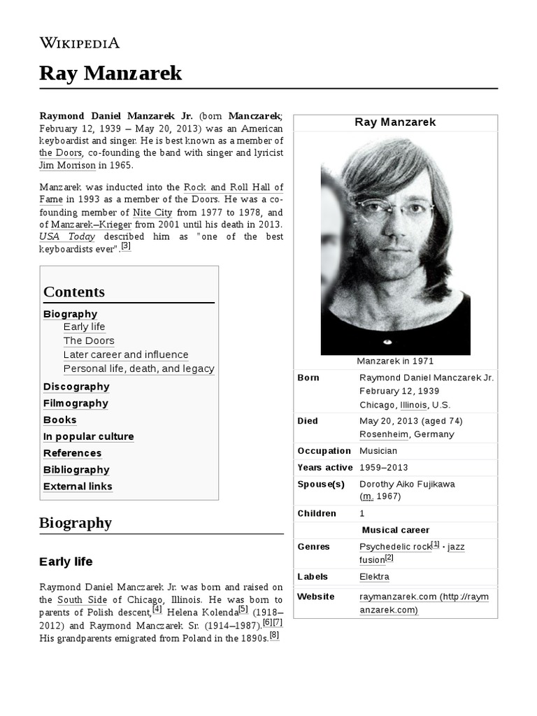 Ray Manzarek: Raymond Daniel Manzarek Jr. (Born Manczarek | PDF