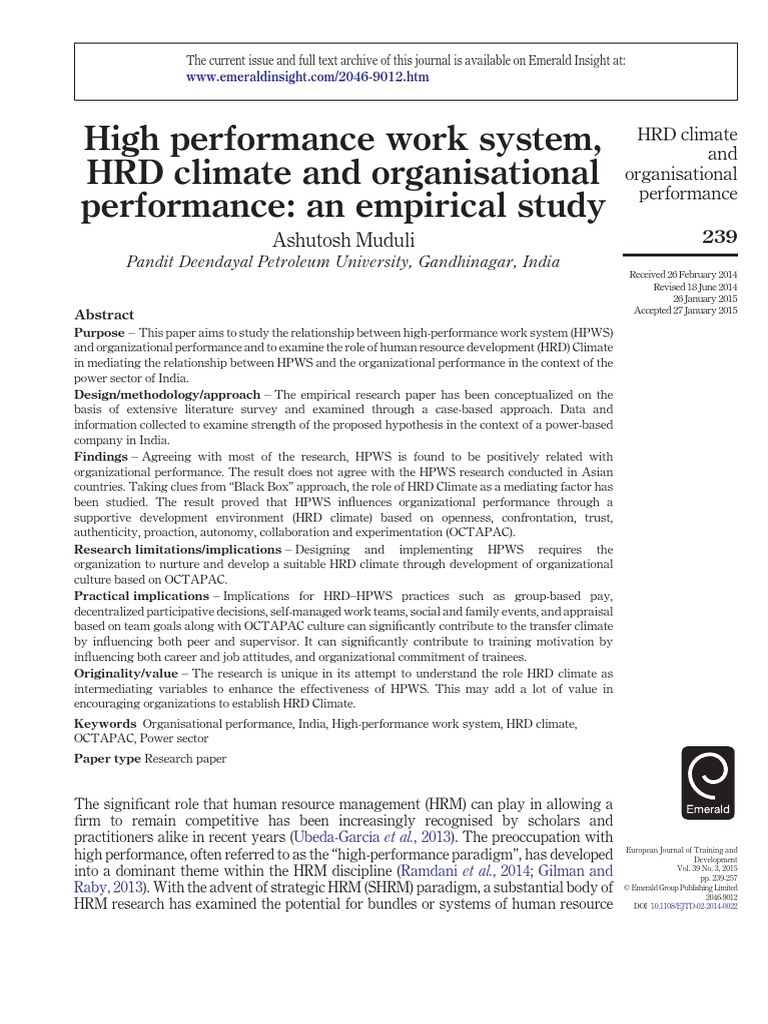 High Performance Work System, HRD Climate and Organisational ...