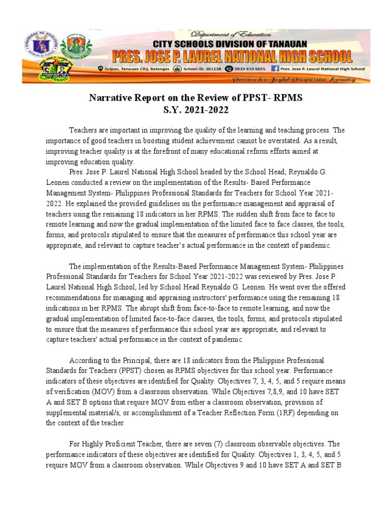 Narrative Report On The Review of PPST-RPMS S.Y. 2021-2022 | PDF ...