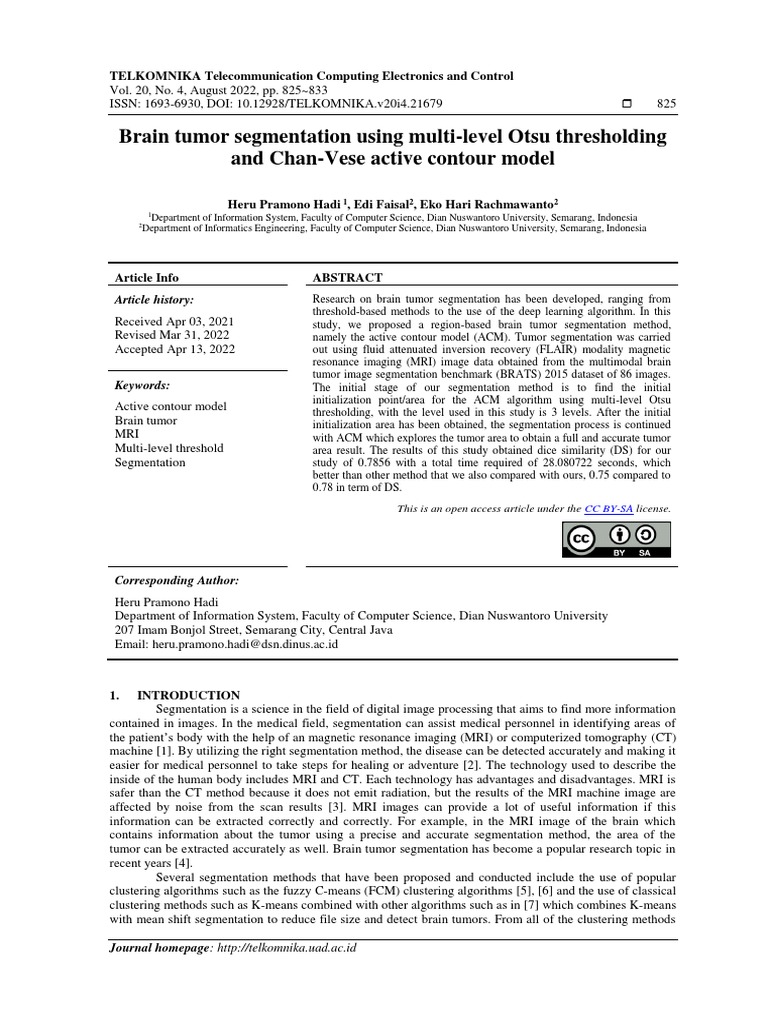 Brain Tumor Segmentation Using Multi-Level Otsu Thresholding and Chan ... Brain Tumor Segmentation Using Multi-Level Otsu Thresholding and Chan ...