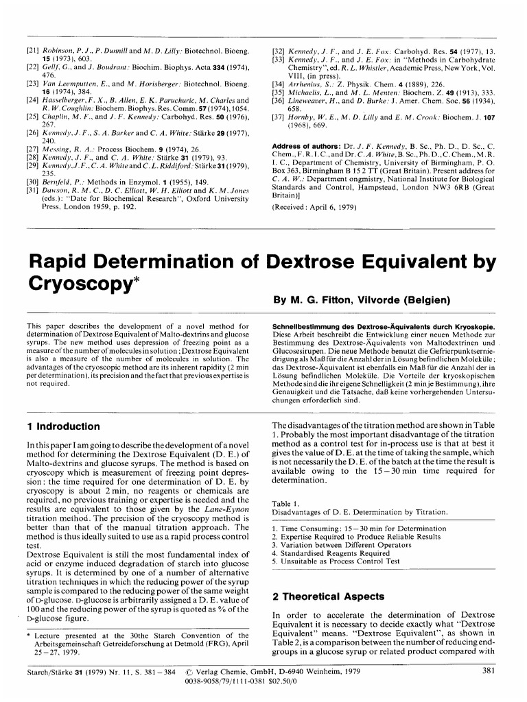 Rapid Determination Dextrose Equivalent by Cryoscopy : by M. Fitton ...