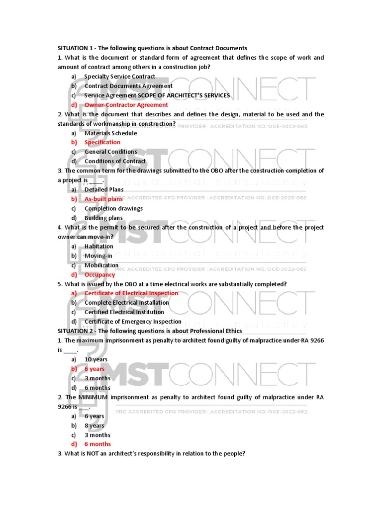Professional Practice Answer Key | PDF | Architect | General Contractor