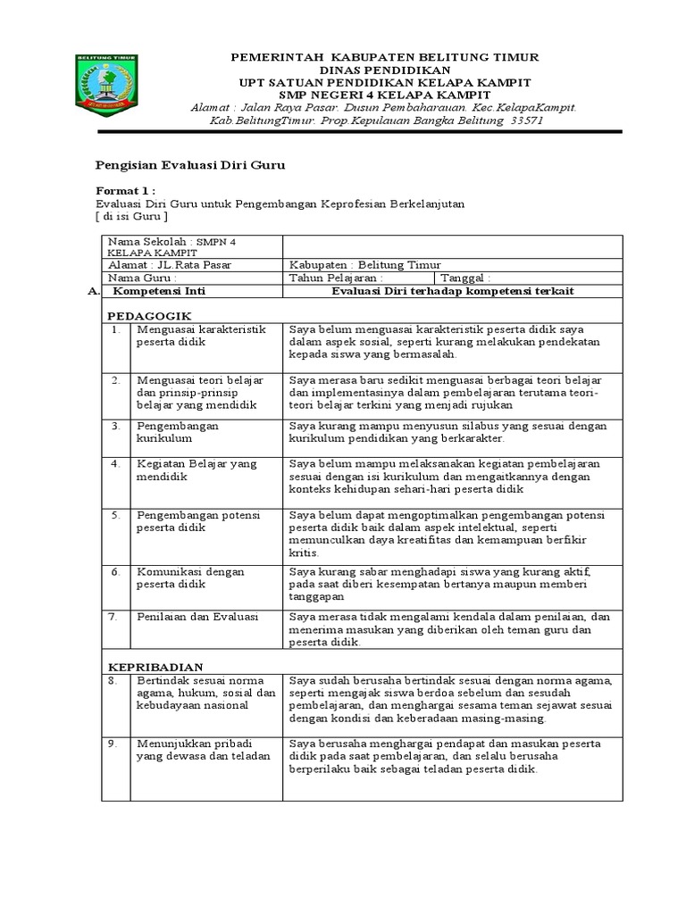 Contoh Pengisian Evaluasi Diri | PDF