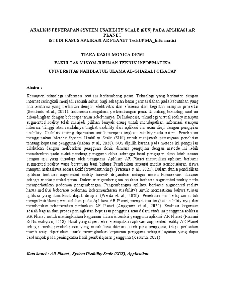 ARTIKEL ILMIAH ANALISIS PENERAPAN SYSTEM USABILITY SCALE APLIKASI AR PLANET (STUDI KASUS ...
