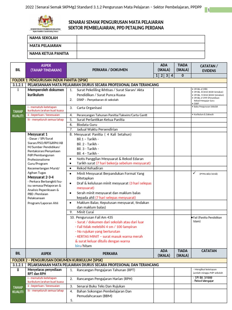 Pengurusan Mata Pelajaran Senarai Semak Fail Panitia | PDF